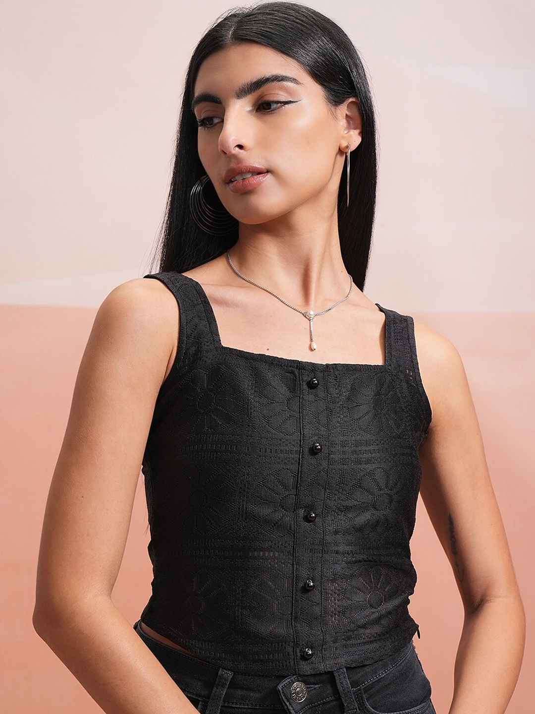 Buy Tokyo Talkies Self Design Square Neck Crop Top - Tops for Women ...