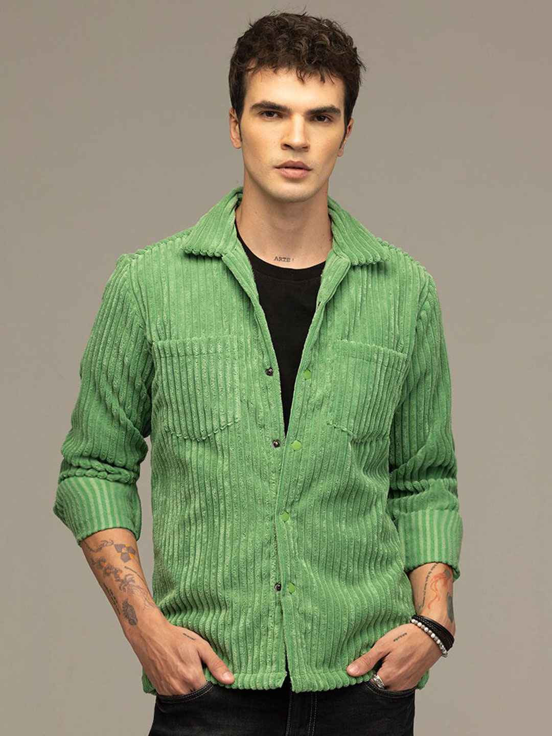 Buy Snitch Green Classic Self Design Shacket - Shackets for Men ...