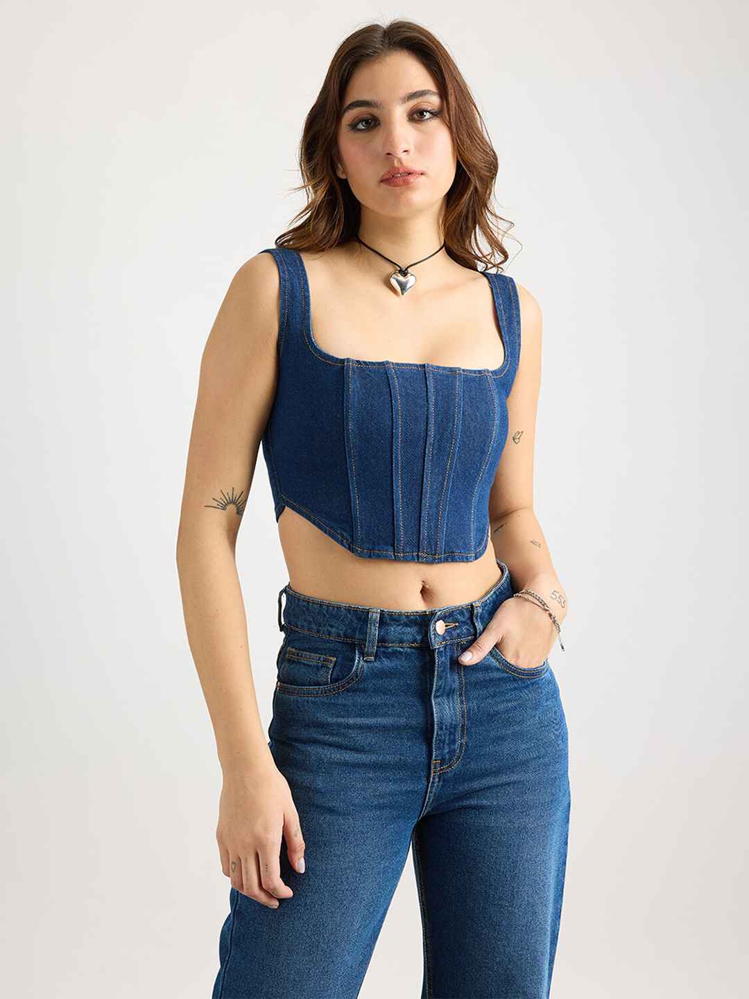 Buy FREAKINS Blue Self Design Cotton Crop Fitted Denim Top - Tops for ...