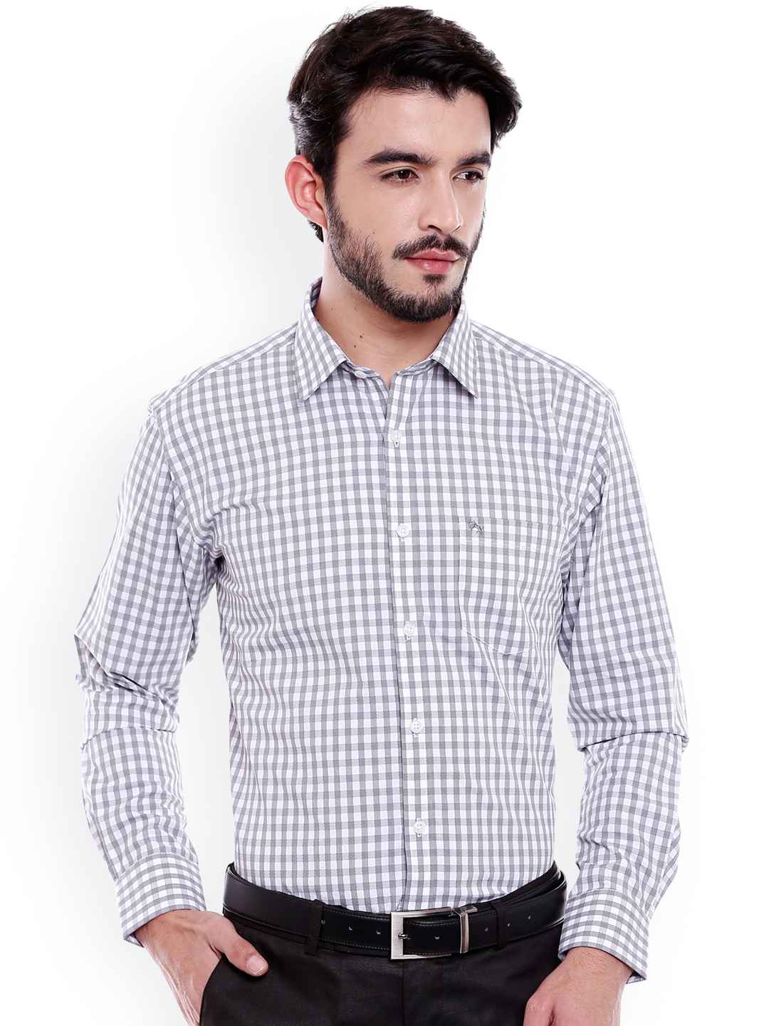 Buy DCot By Donear Men White & Grey Slim Fit Checked Formal Shirt ...