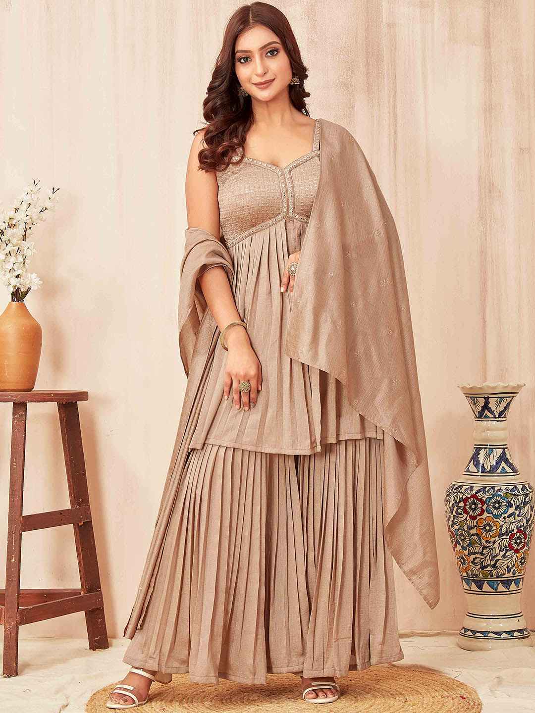 Buy CHANSI Embroidered Pleated Thread Work Kurti With Sharara & Dupatta - Kurta Sets for Women ...