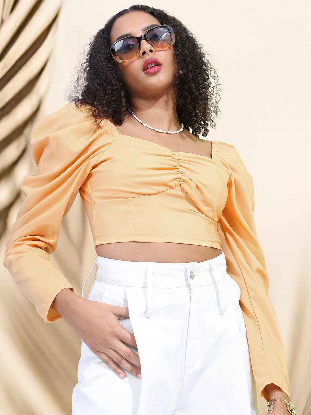 Buy Tokyo Talkies Orange Square Neck Puffed Sleeves Fitted Crop Top ...