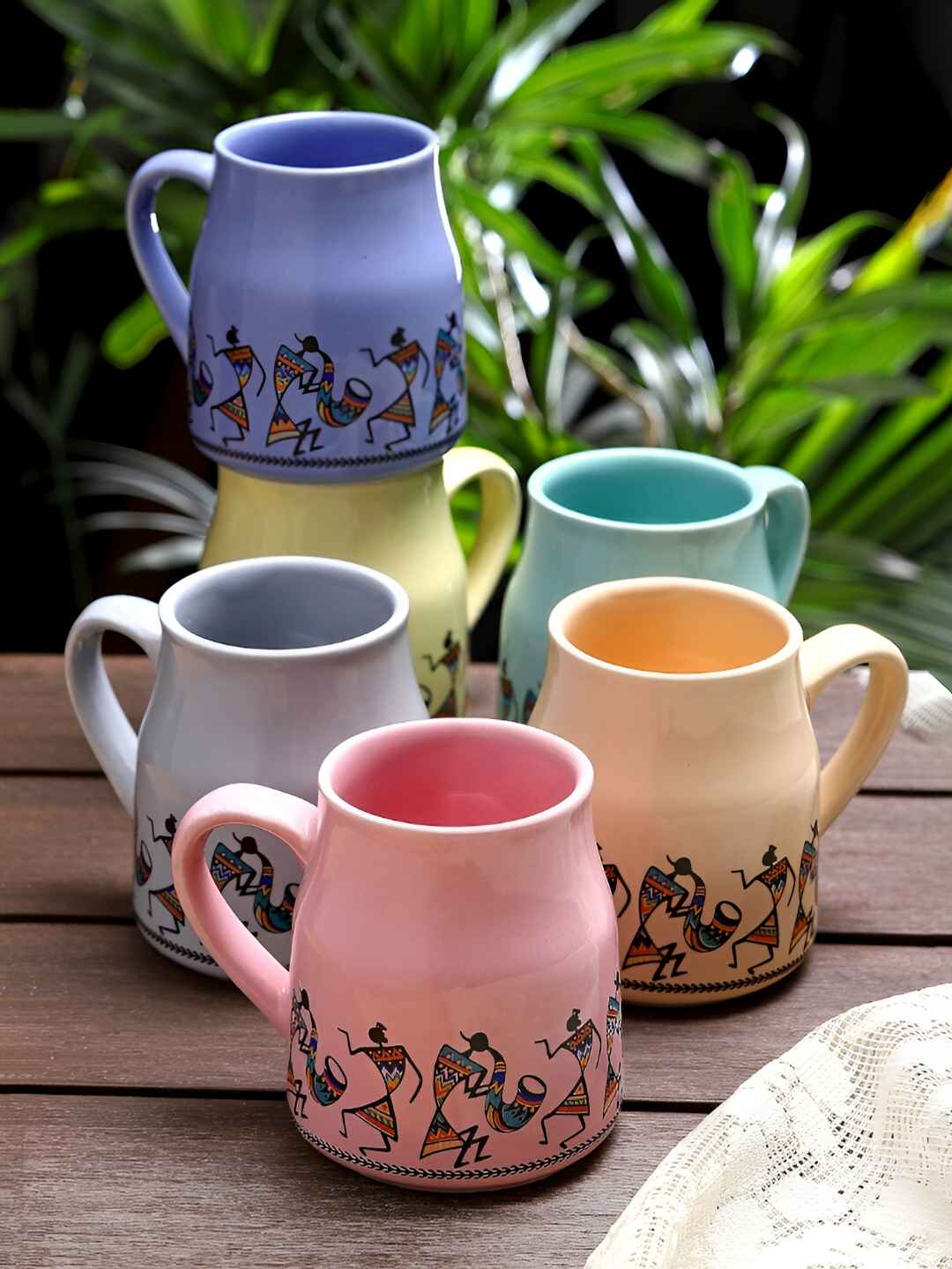 Buy Arrabi Blue & Pink 6 Pcs Handcrafted Printed Stoneware Matte Mugs 220 Ml Each - Cups And ...