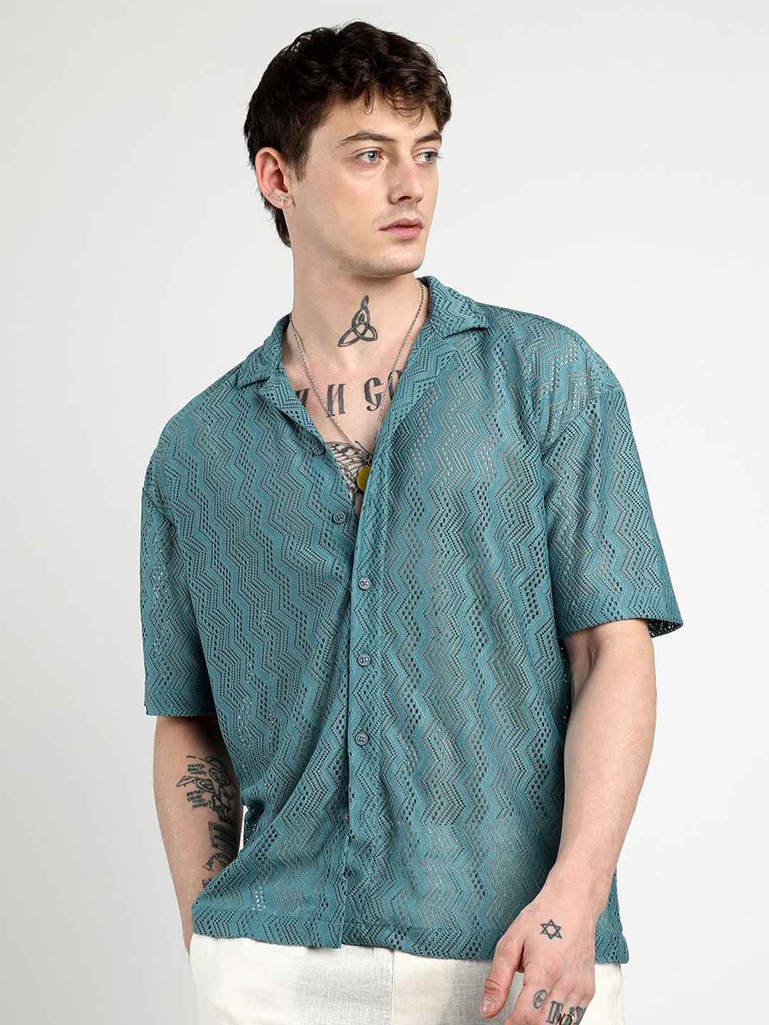 Buy Campus Sutra Men Comfort Zig Zag Self Designed Cuban Collar Casual ...
