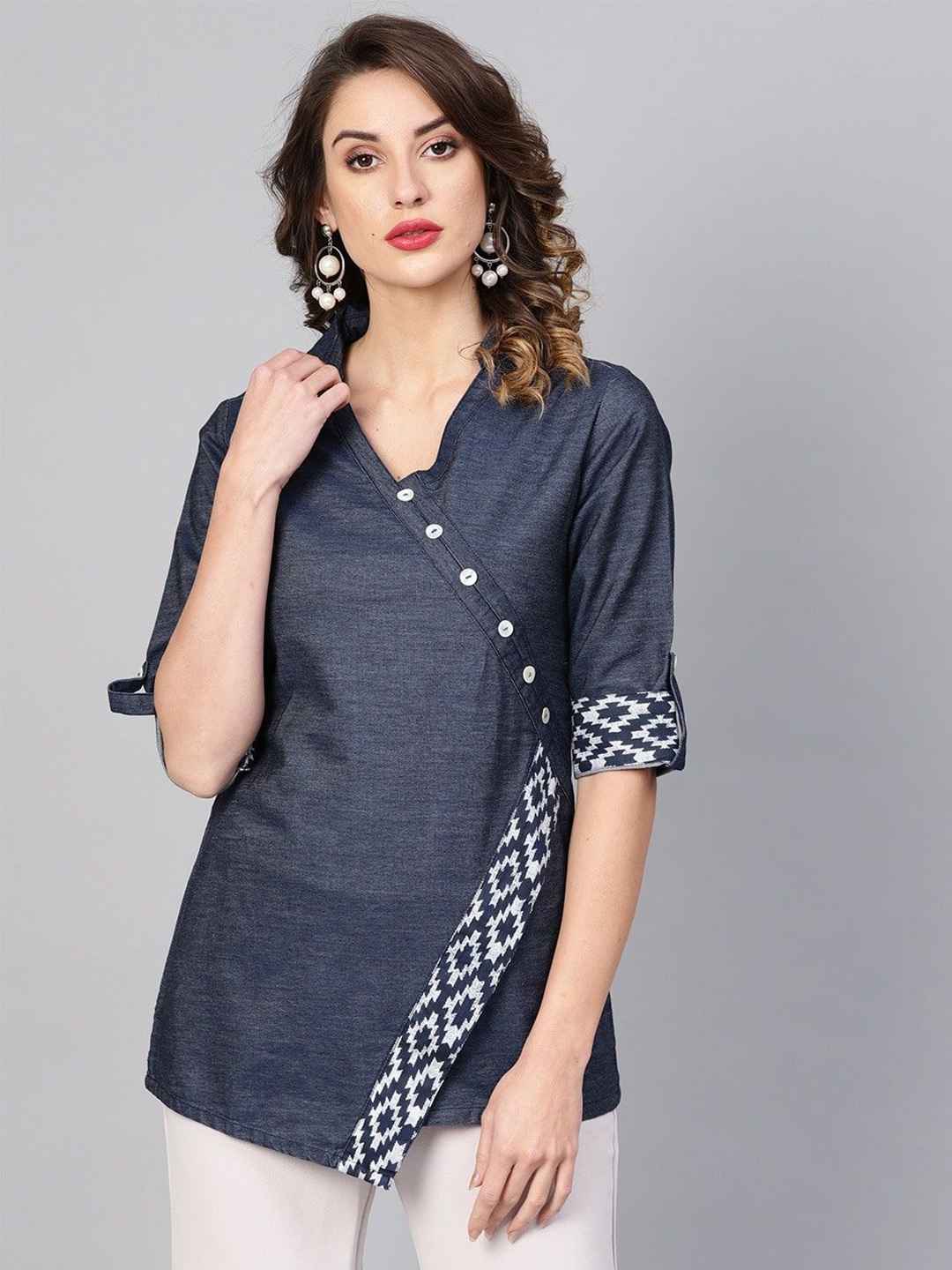 Buy KALINI Women Roll Up Sleeves Denim Wrap Top - Tops for Women ...