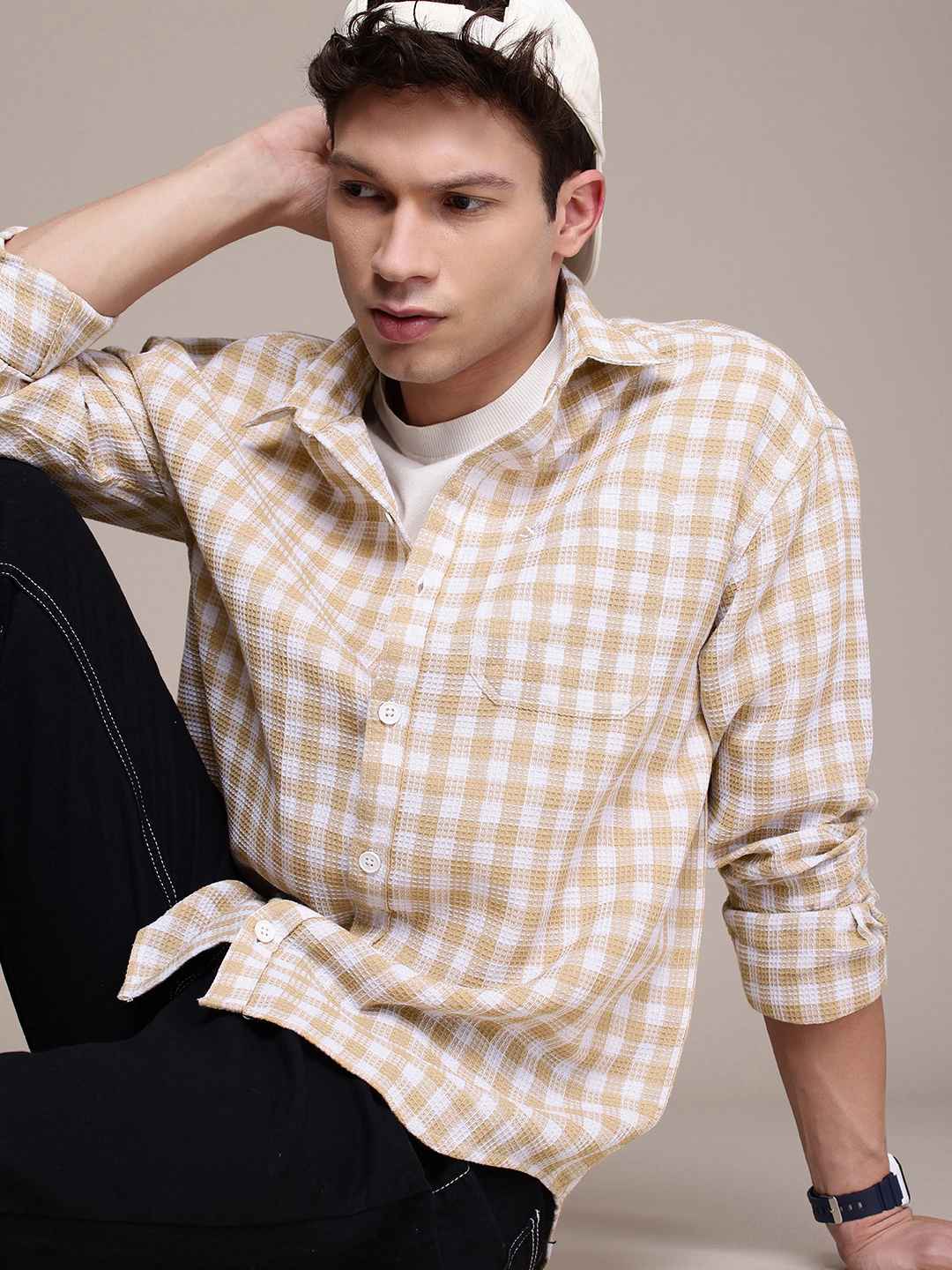Buy WROGN Self Checked Pure Cotton Oversized Casual Shirt - Shirts for ...