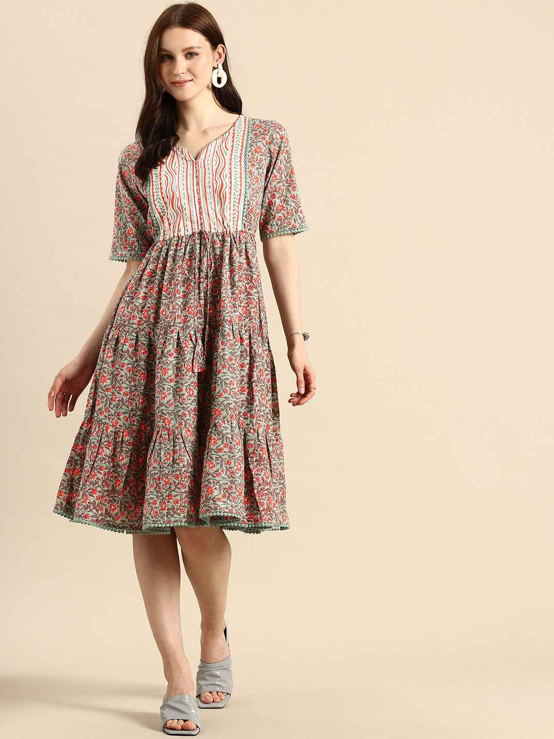 Buy A&K Printed V Neck Pure Cotton Fit & Flare Dress - Ethnic Dresses ...