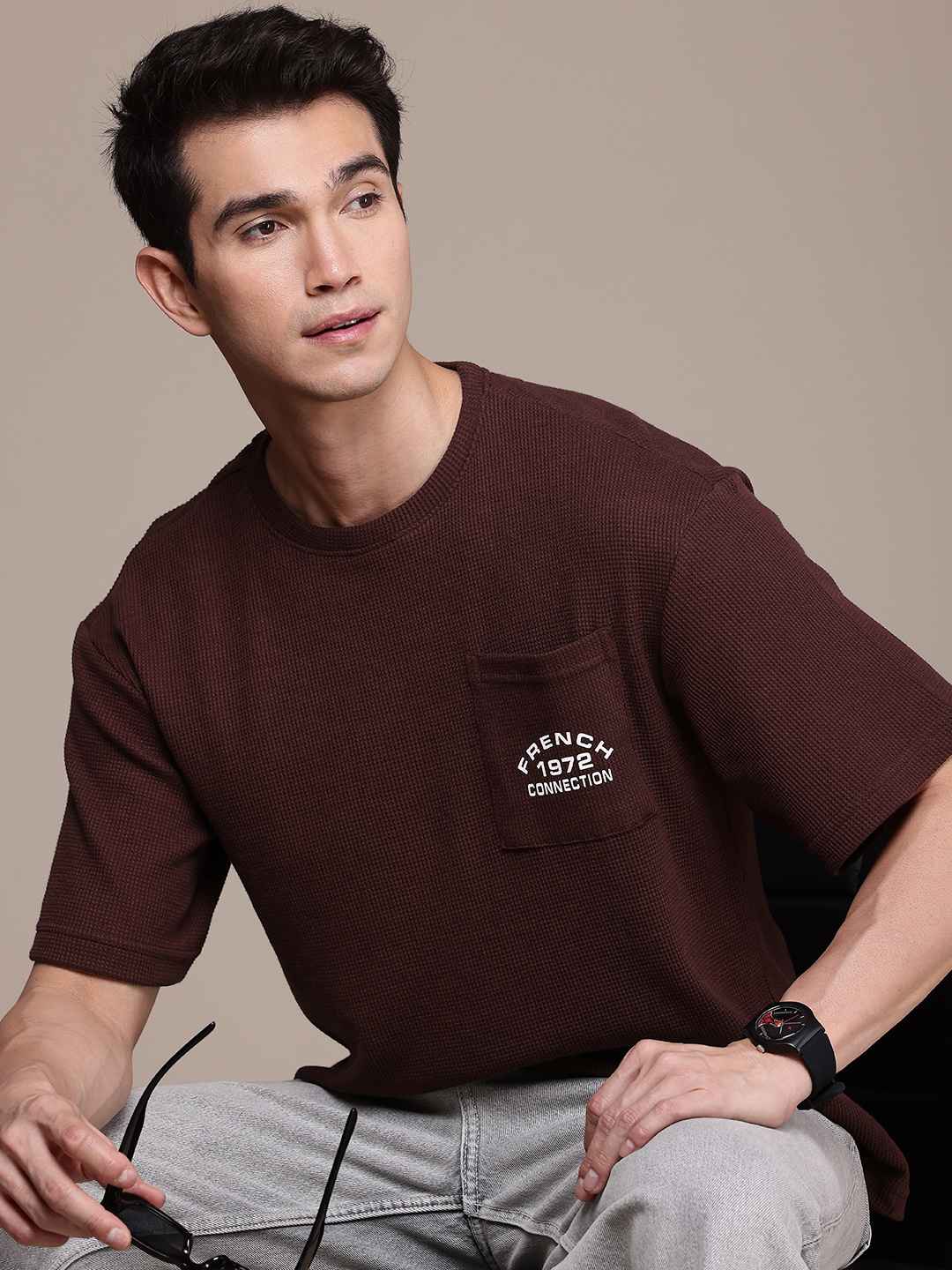 Buy French Connection Brand Logo Detail Textured Anti Odour Ovesized T ...