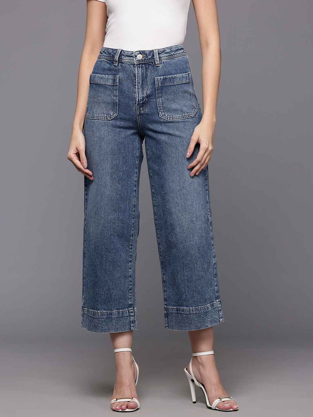 Buy NEXT Women Wide Leg Mid Rise Light Fade Stretchable Cropped Jeans ...