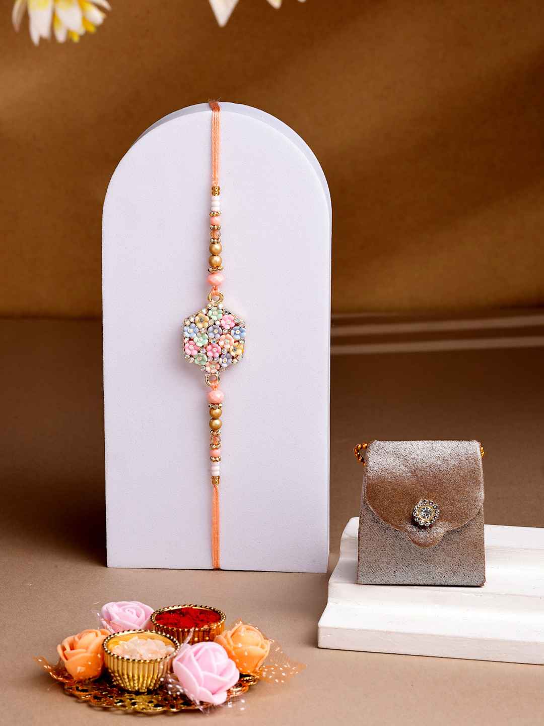 Buy ADIVA Men 4 Pcs Floral Thread Rakhi With Pooja Thali & Roli Chawal ...