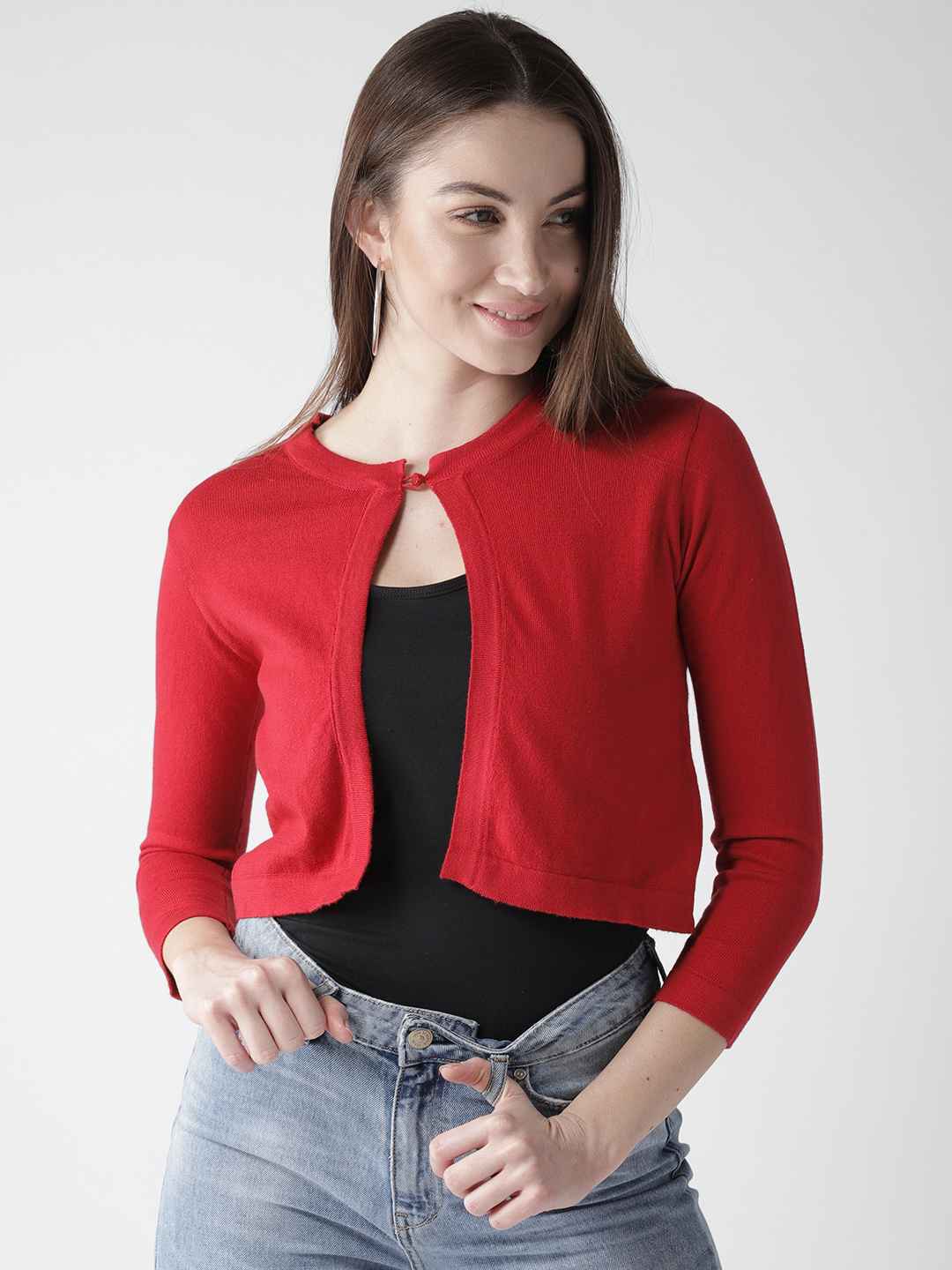 Buy Style Quotient By Noi Red Solid Crop Shrug - Shrug for Women ...