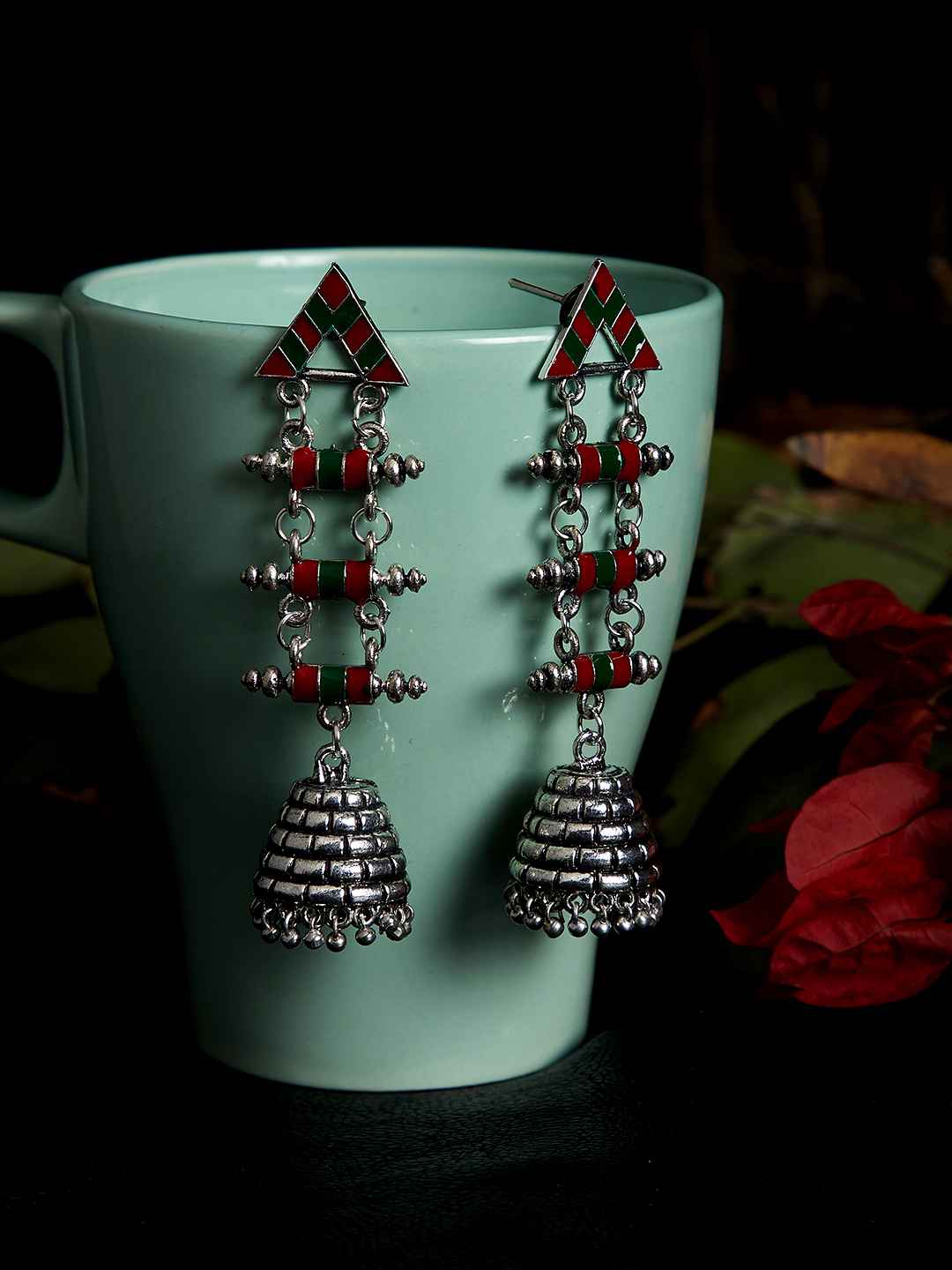 Buy PANASH Silver Toned & Red Triangular Jhumkas - Earrings for Women ...