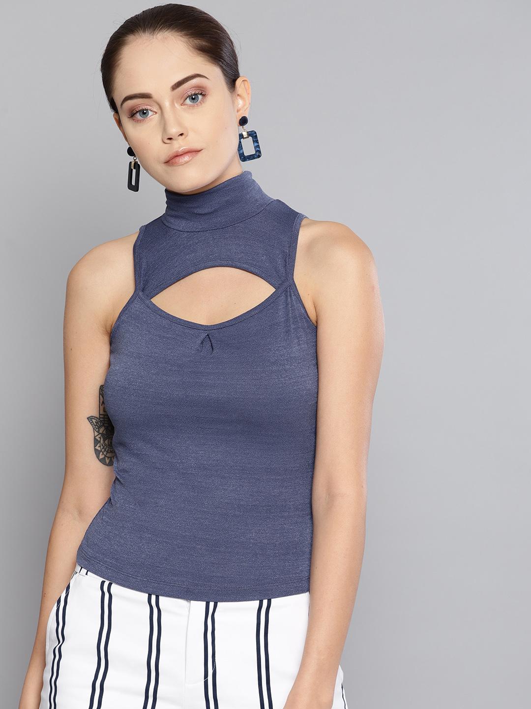 Buy Veni Vidi Vici Women Navy Blue Solid Fitted Top - Tops for Women ...