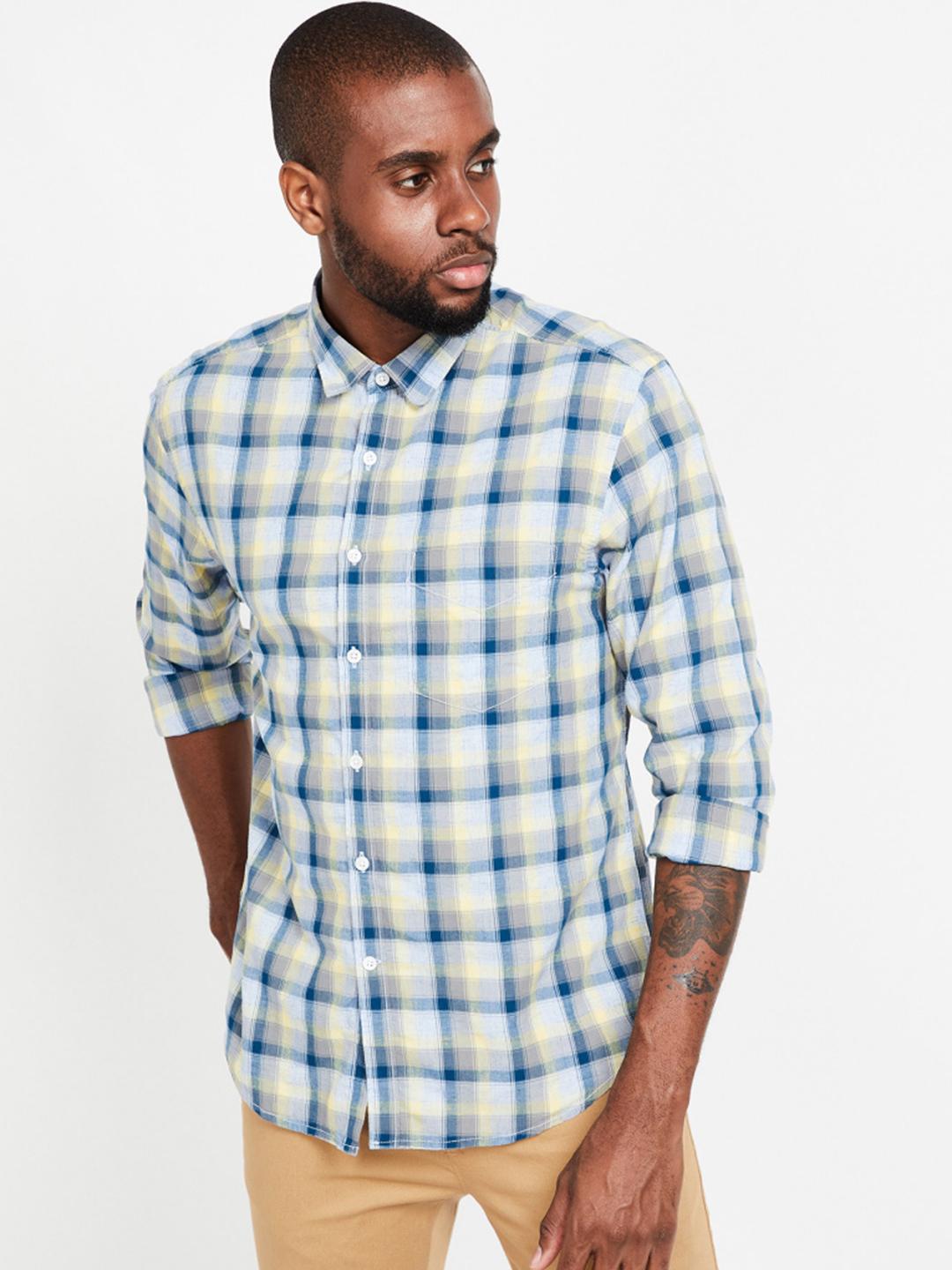 Buy CODE By Lifestyle Men Blue & Yellow Regular Fit Checked Casual ...