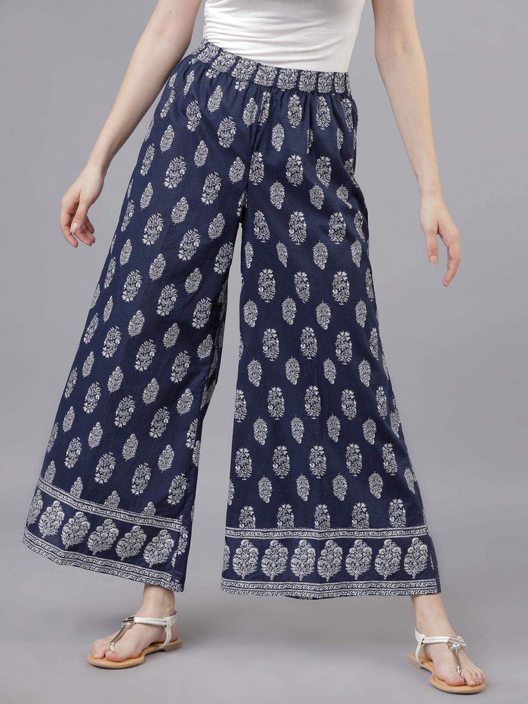 Buy Vishudh Women Navy Blue & White Printed Flared Palazzos - Palazzos ...