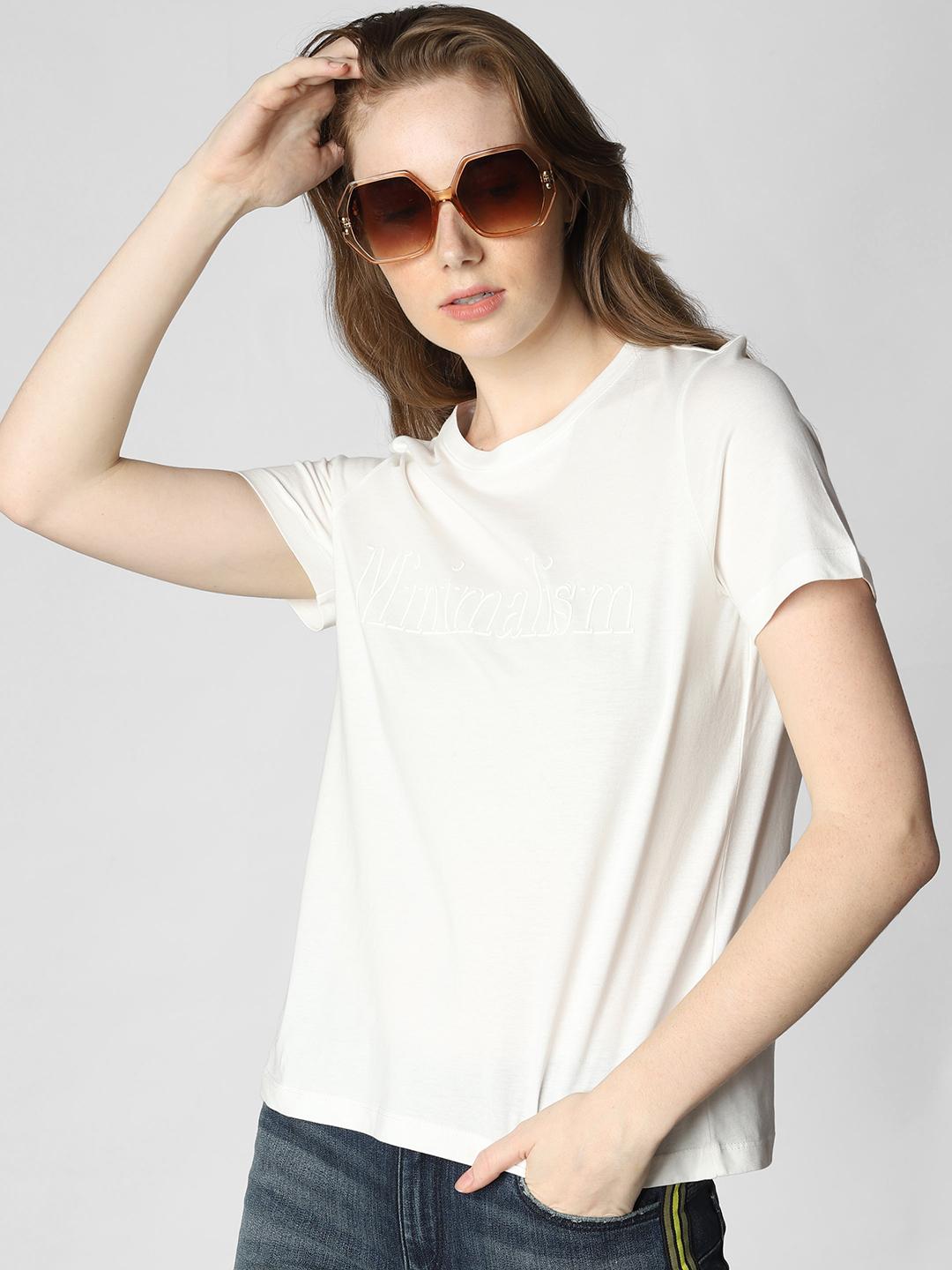 Buy Vero Moda Women White Rubber Printed Round Neck Pure Cotton Top ...