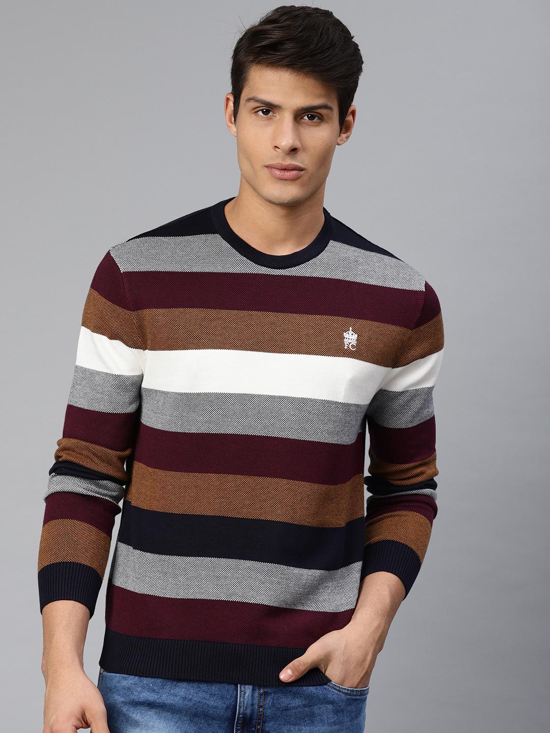Buy French Connection Men Navy Blue & Burgundy Striped Sweater ...