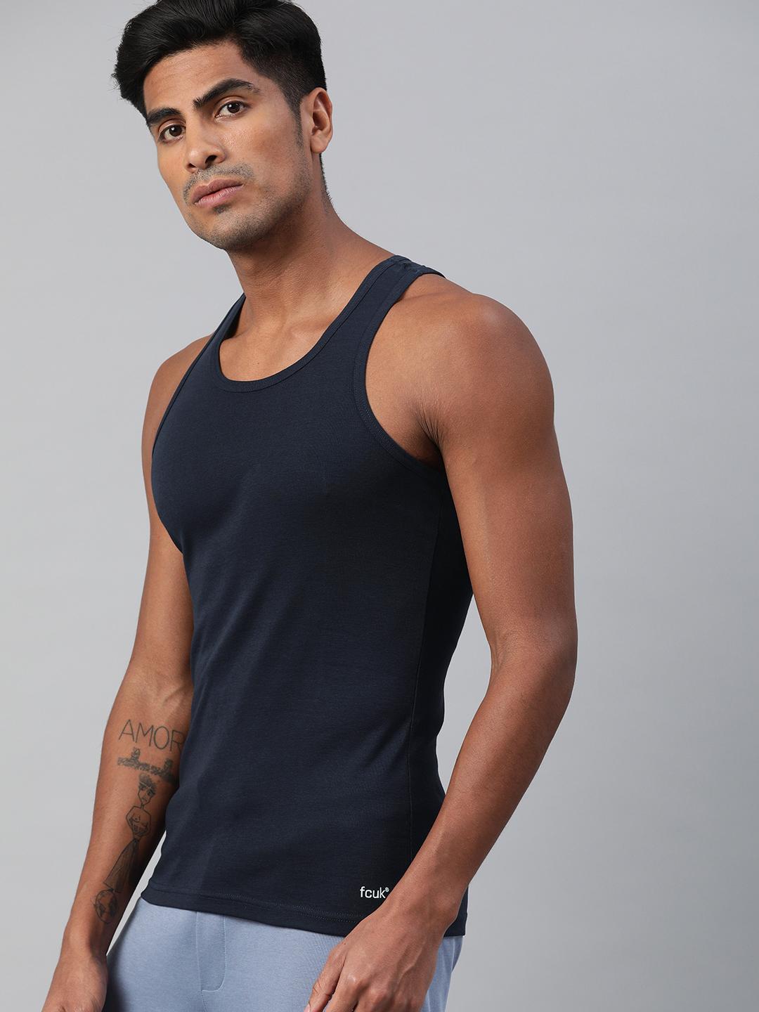 Buy FCUK Men Navy Blue Solid Cotton Innerwear Vest - Innerwear Vests ...