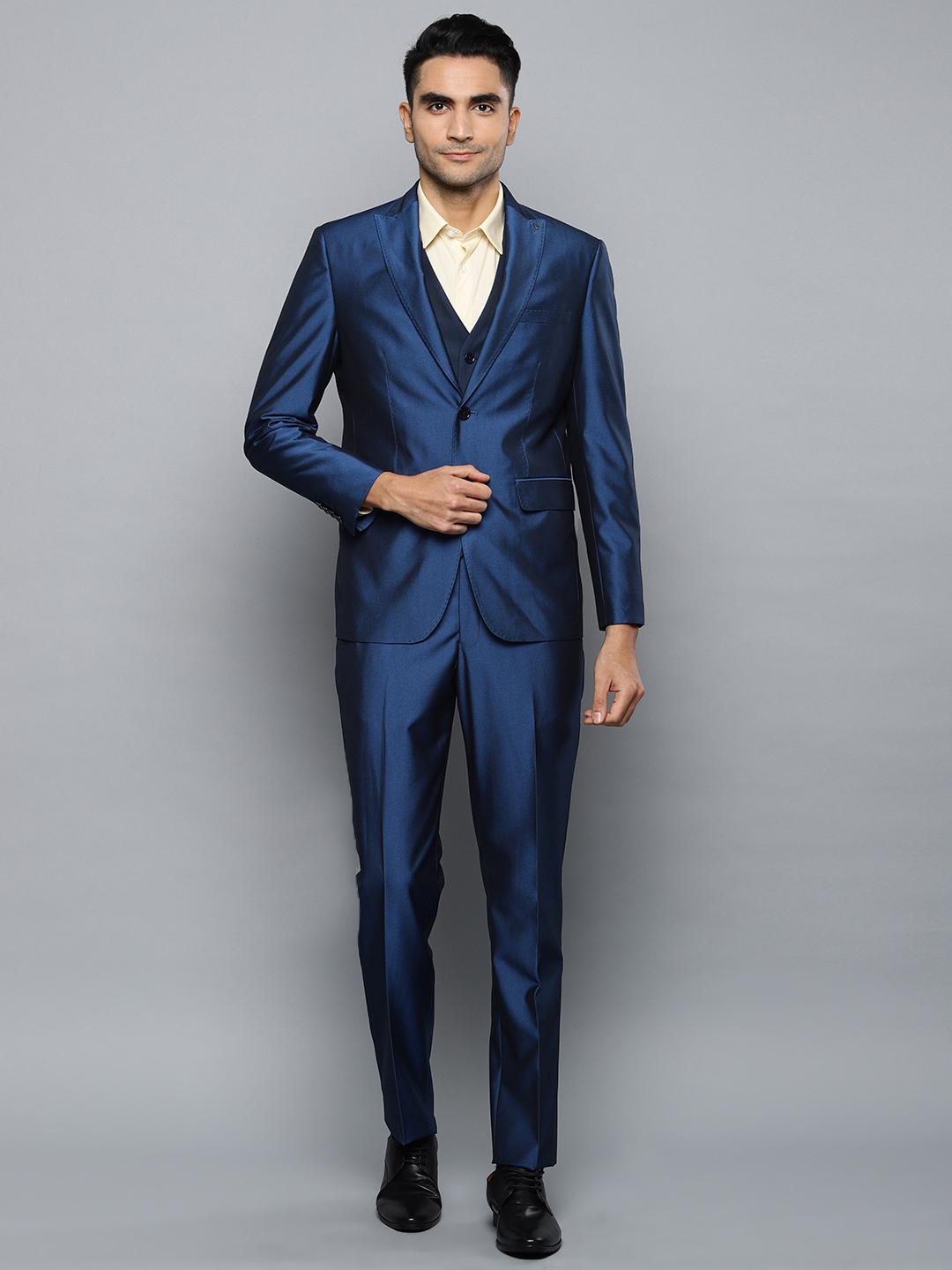 Buy Louis Philippe Men Blue Self Design Slim Fit Single Breasted Three ...