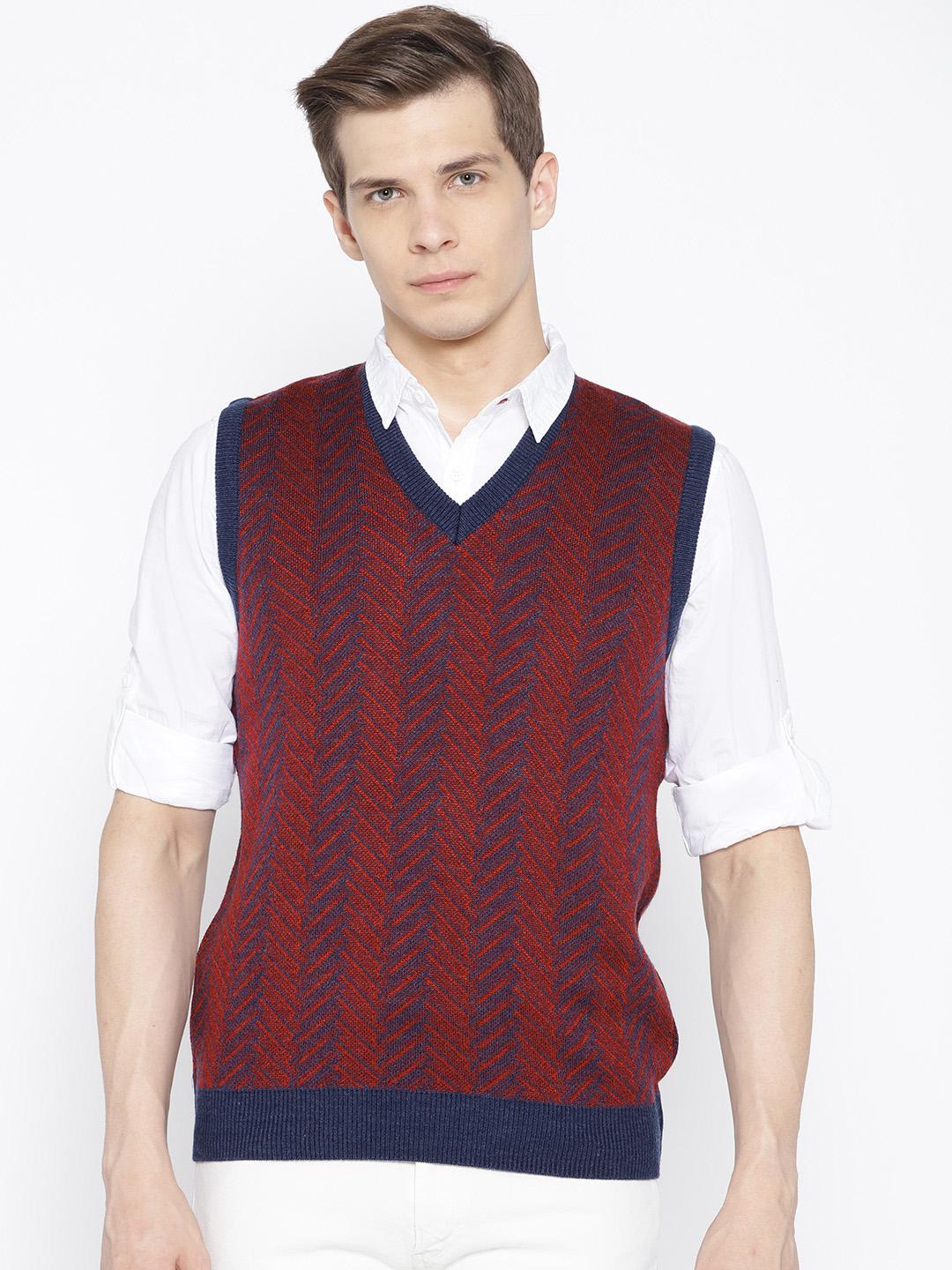 Buy Pierre Carlo Men Red & Navy Blue Self Design Sweater Vest ...