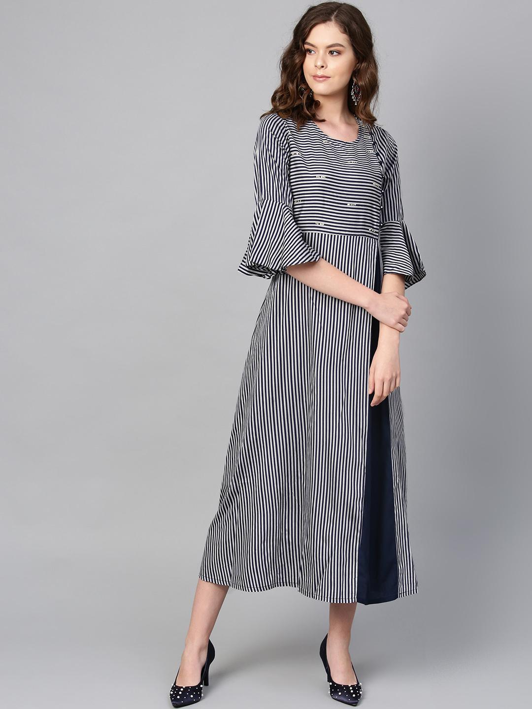 Buy Shree Women Navy Blue & Grey Maxi Striped Dress - Dresses for Women ...