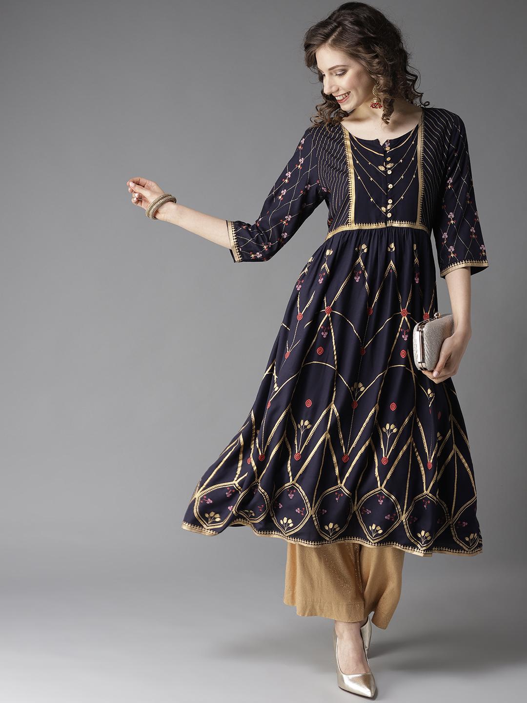 Buy HERE&NOW Women Navy Blue & Golden Floral Printed A Line Kurta ...