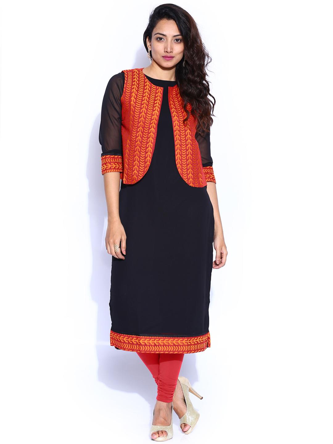 Buy Vishudh Black & Orange Kurta With Waistcoat - Kurtas for Women ...