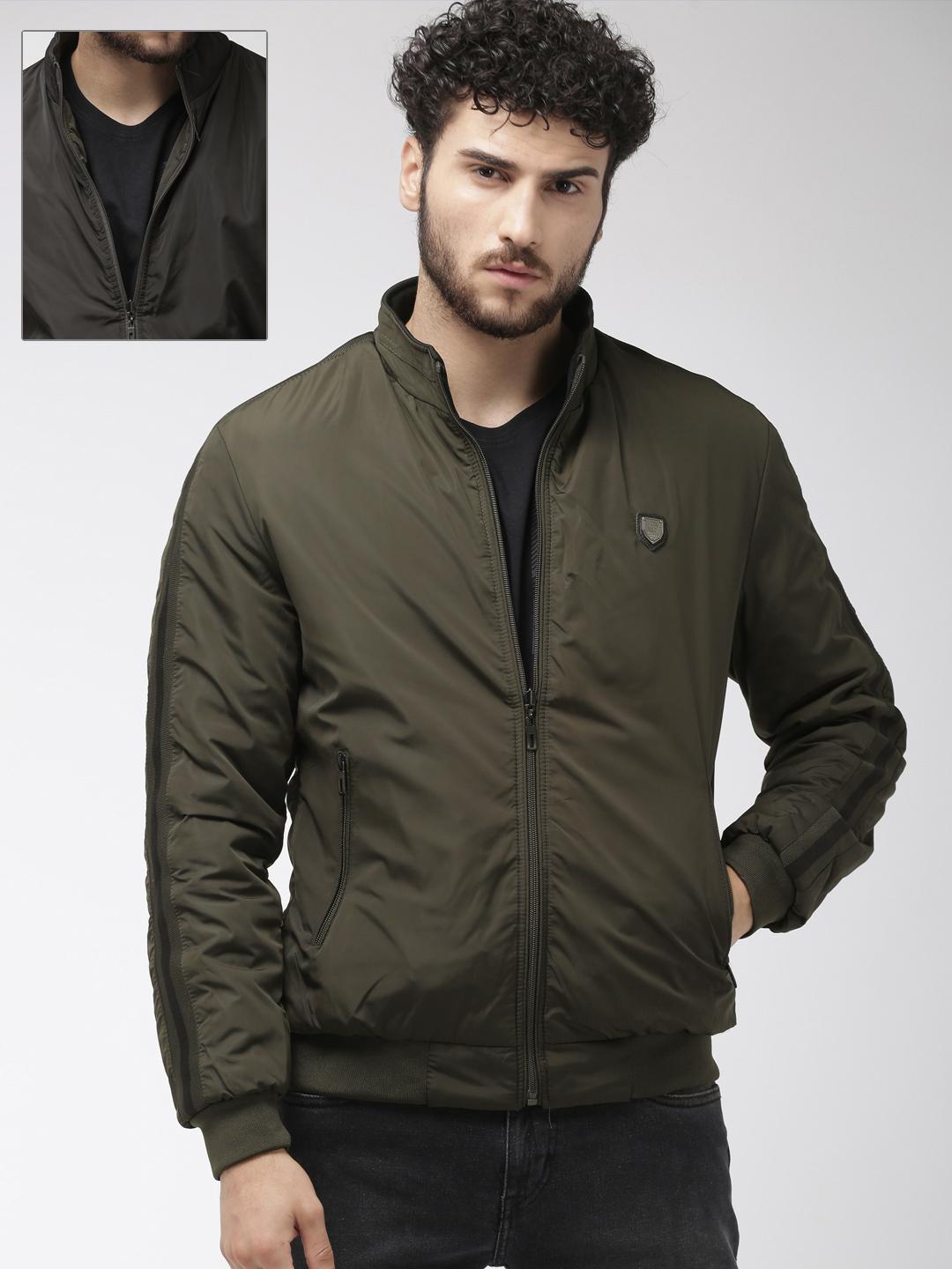 Buy The Indian Garage Co Men Olive Green& Black Solid Reversible Bomber ...