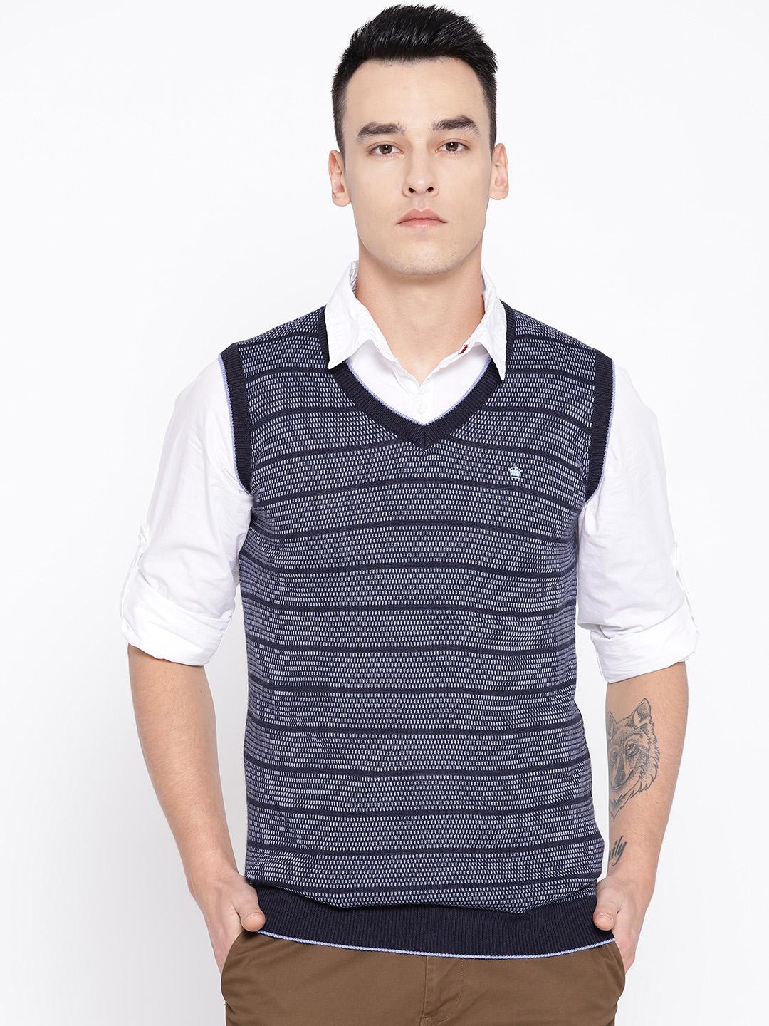 Buy Louis Philippe Men Blue Striped Sweater Vest - Sweaters for Men ...