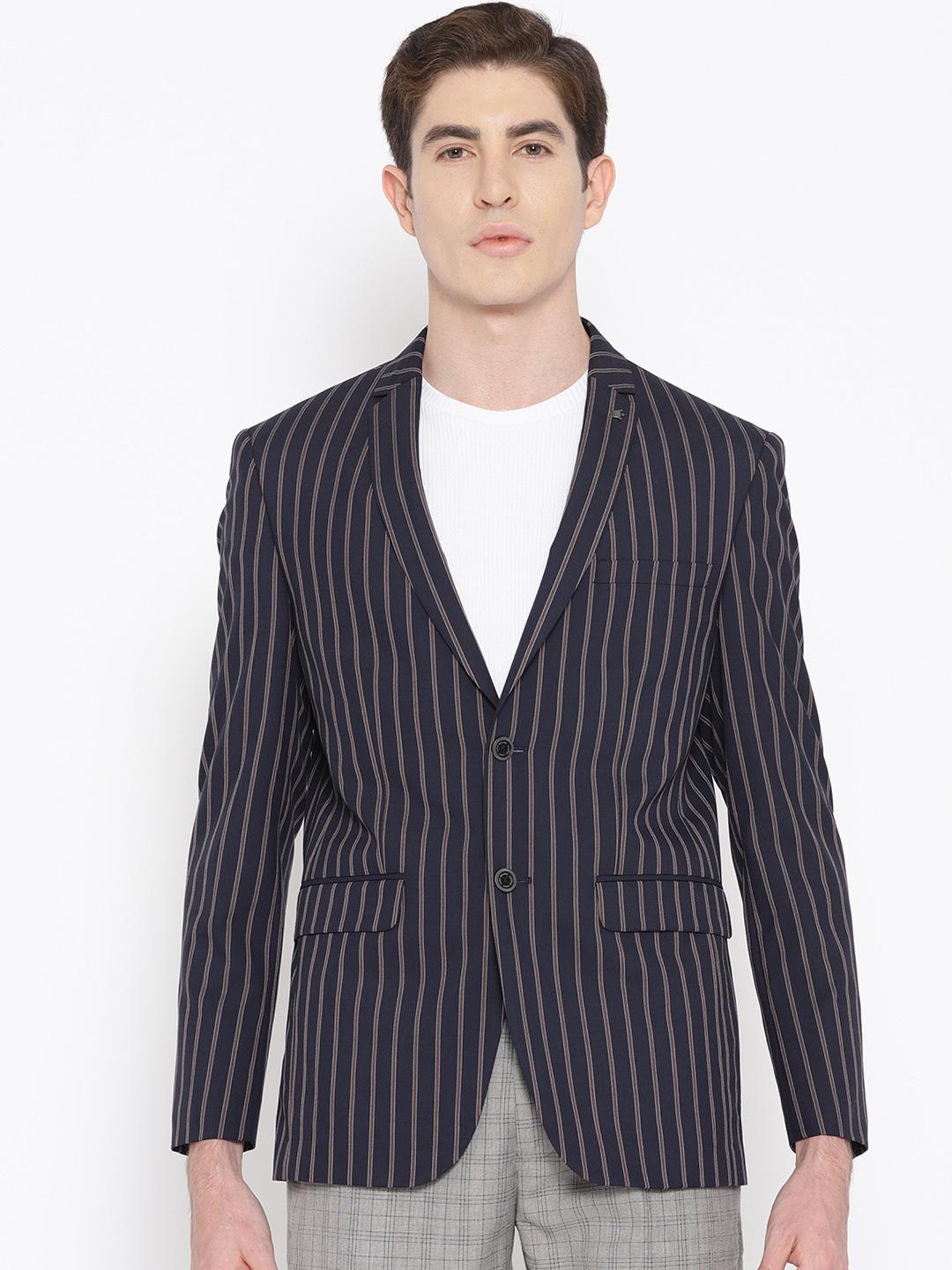 Buy Louis Philippe Men Navy Blue & Brown Slim Fit Striped Casual Blazer ...