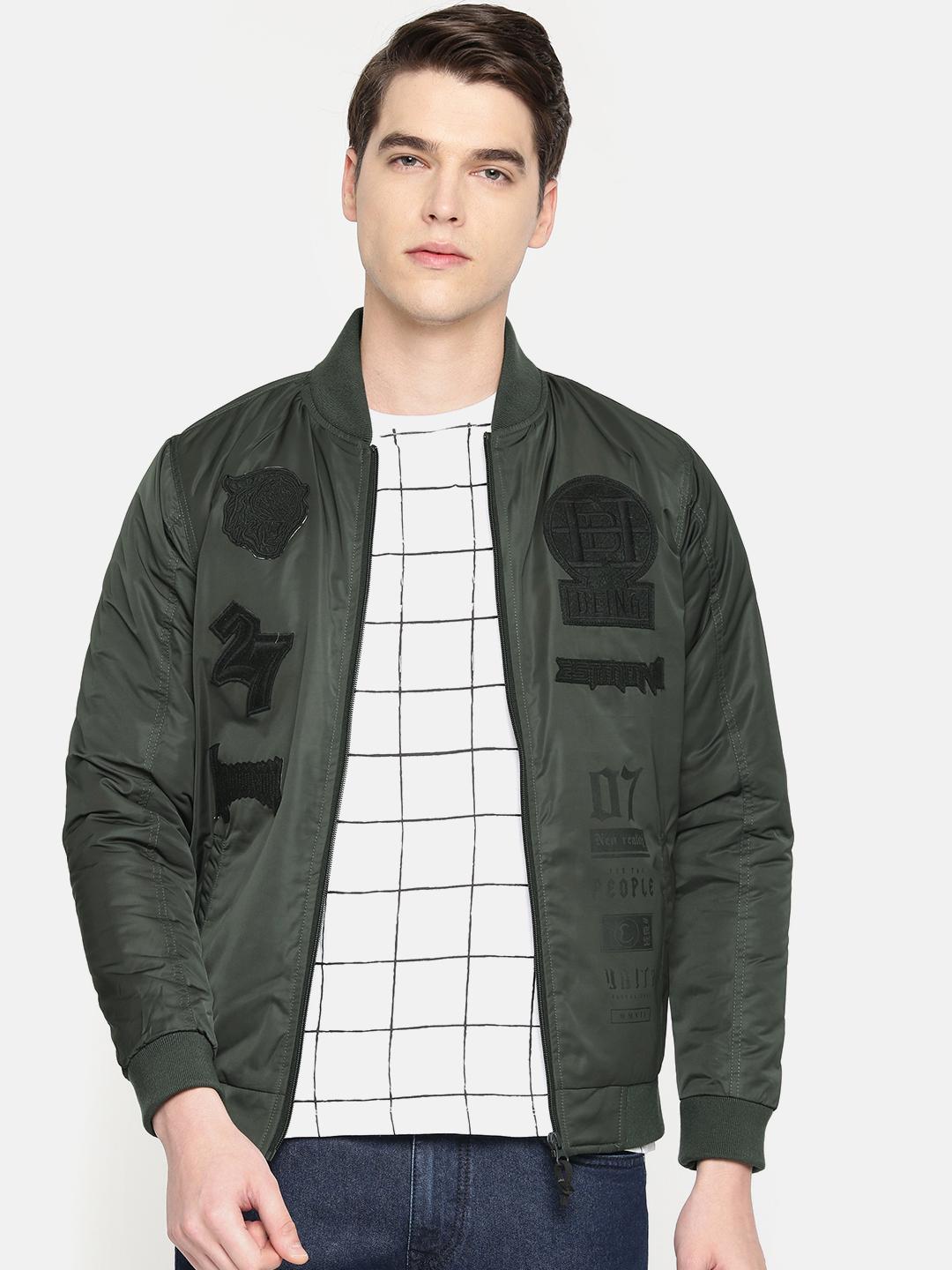 Buy Being Human Clothing Men Olive Green Printed Bomber Jacket ...