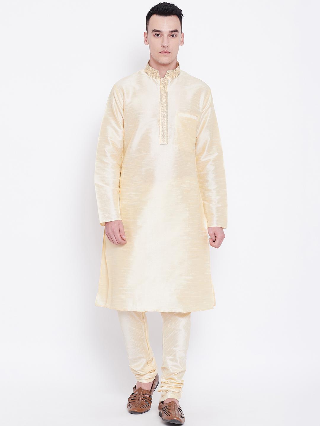 Buy SG LEMAN Men Cream Coloured Solid Kurta With Churidar - Kurta Sets ...