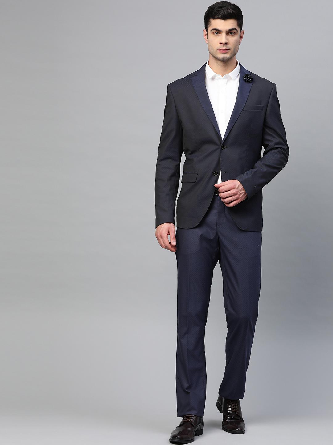 Buy Blackberrys Men Navy Self Design Slim Fit Single Breasted Formal 2 ...