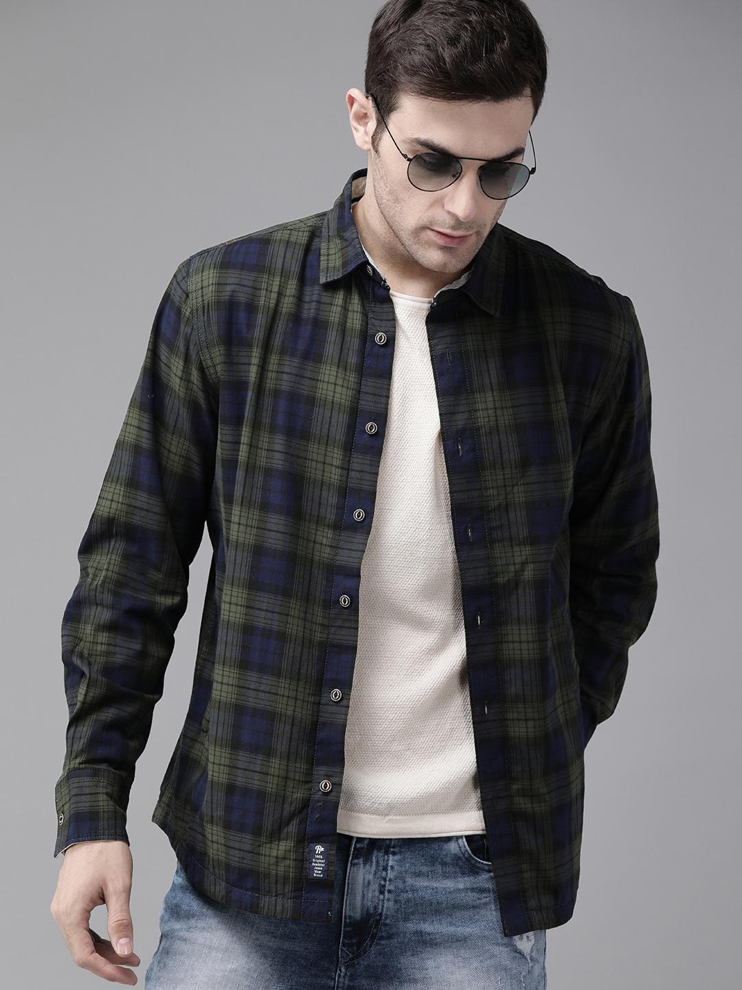 Buy The Roadster Lifestyle Co Men Olive Green & Navy Blue Checked ...