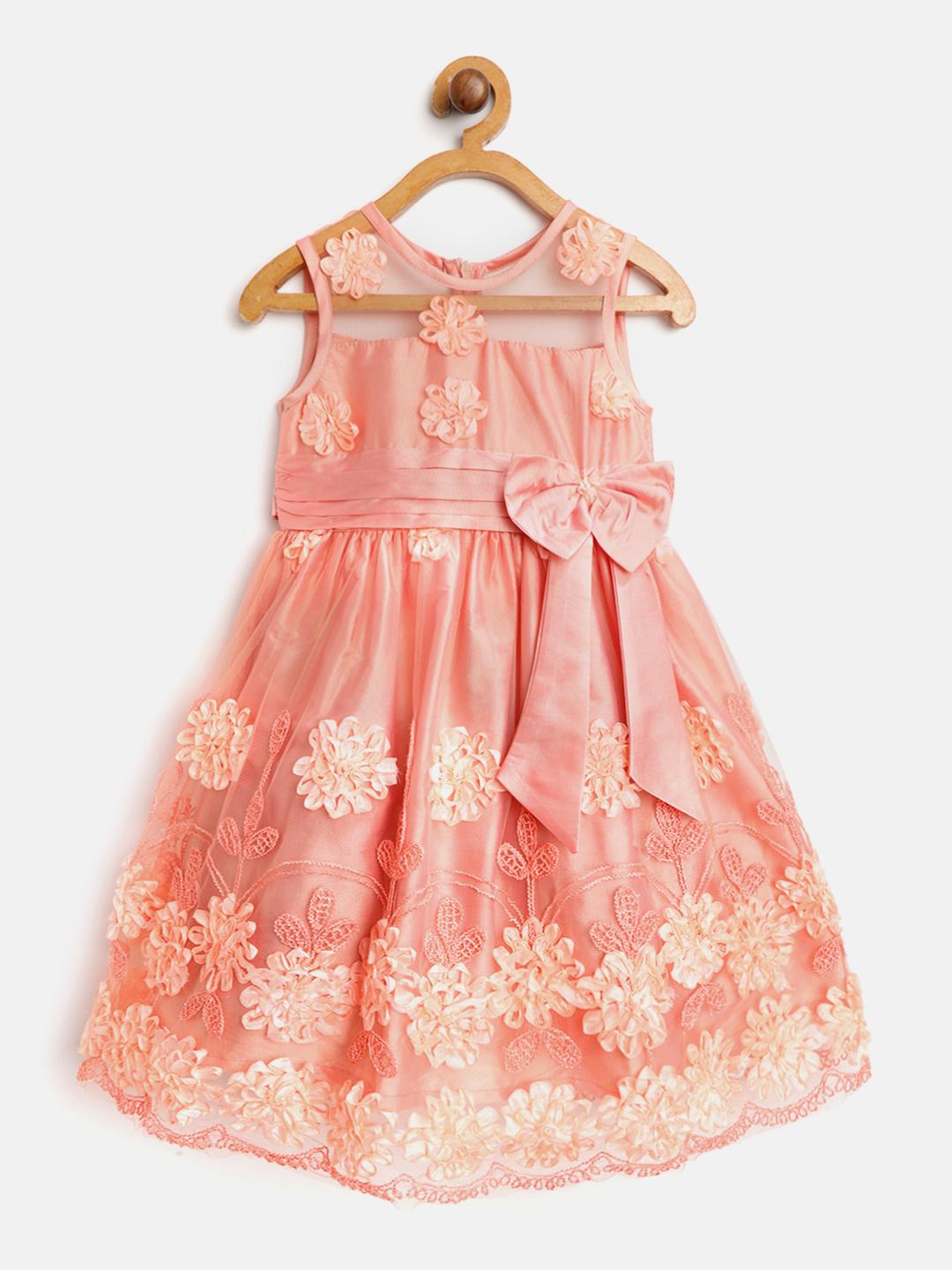 Buy Pspeaches Girls Peach Coloured Net Embellished Fit & Flare Dress ...