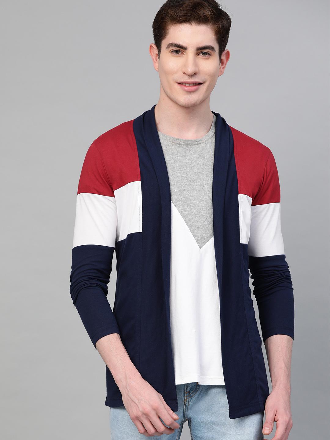 Buy Seven Rocks Men Navy Blue & Red Colourblocked Open Front Shrug ...