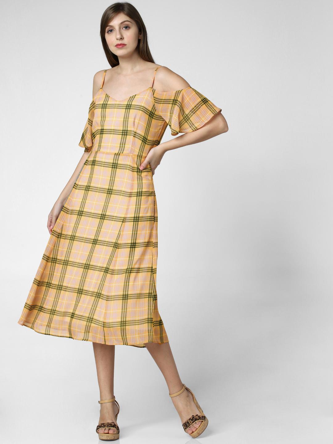Buy Vero Moda Women Checked Yellow & Green Fit And Flare Dress ...