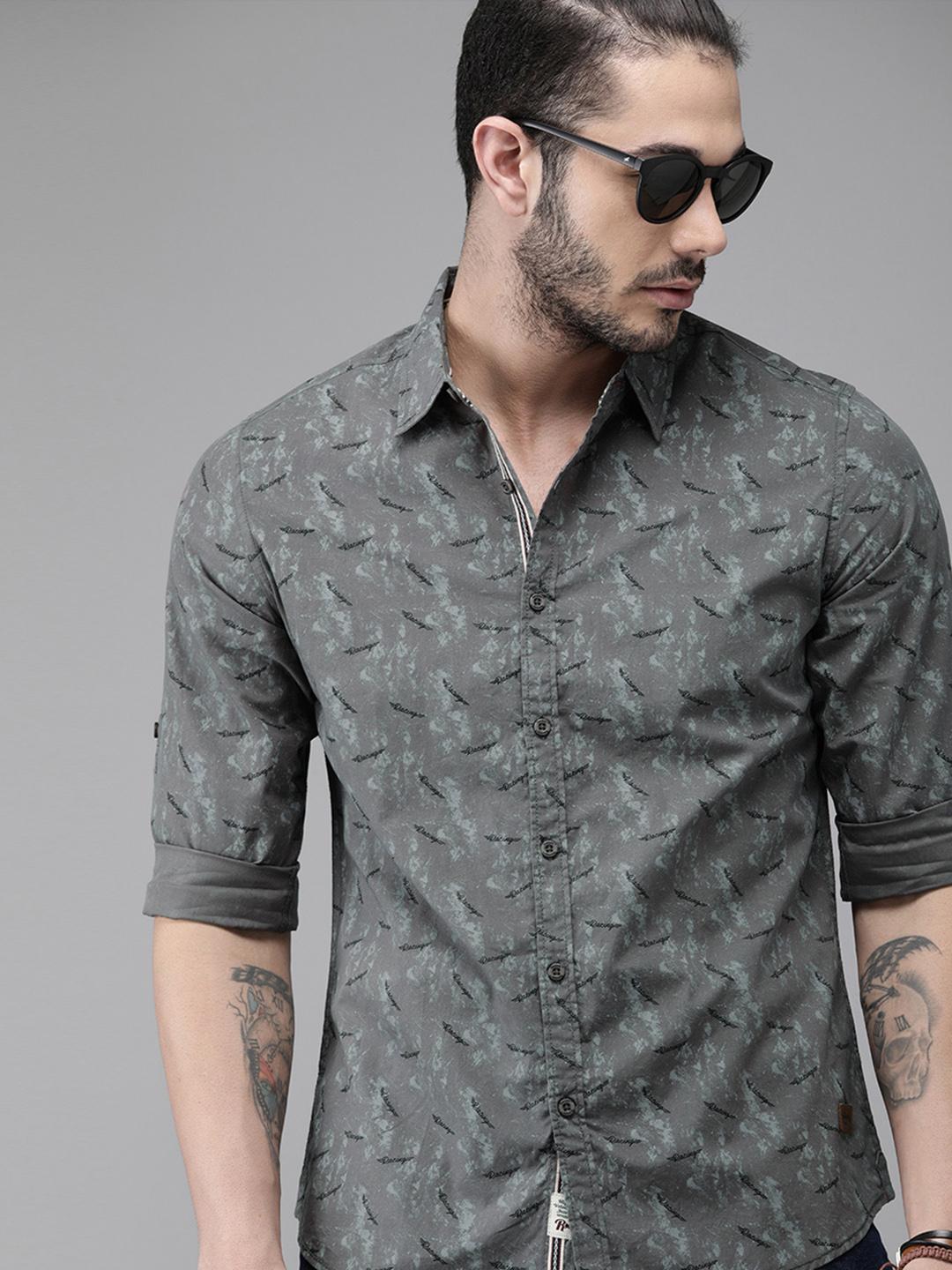 Buy Roadster Men Grey Typography Printed Cotton Casual Shirt - Shirts ...
