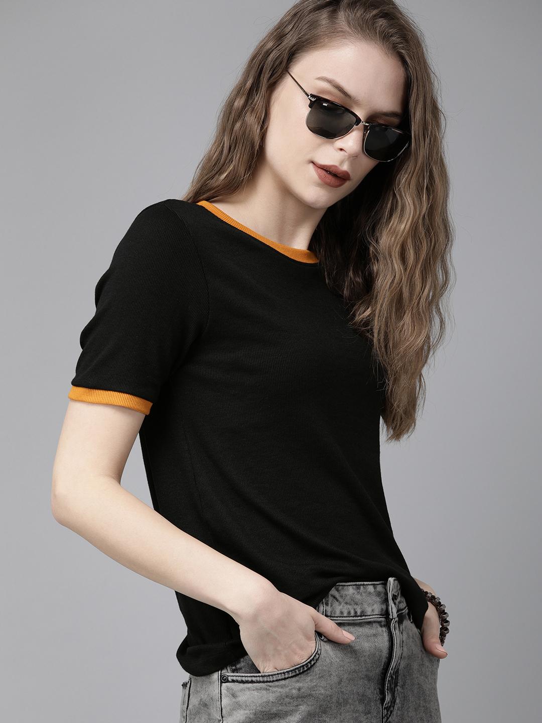 Buy Roadster Black Ribbed Contrast Top - Tops for Women 10964400 | Myntra