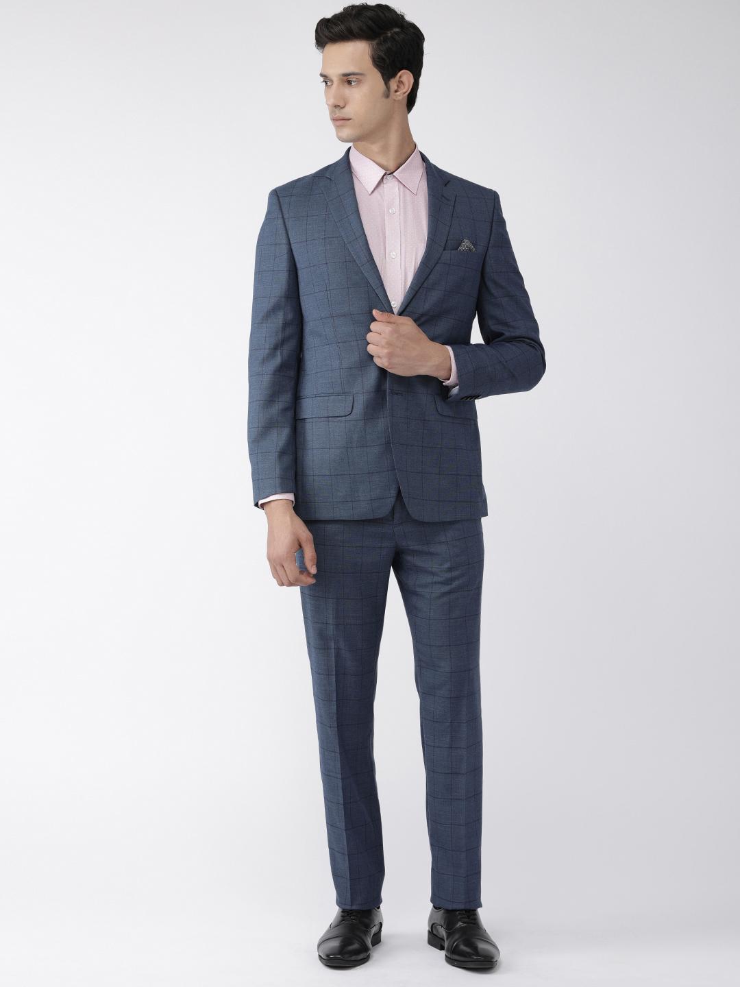Buy Raymond Men Blue Checked Single Breasted Contemporary Fit Formal ...