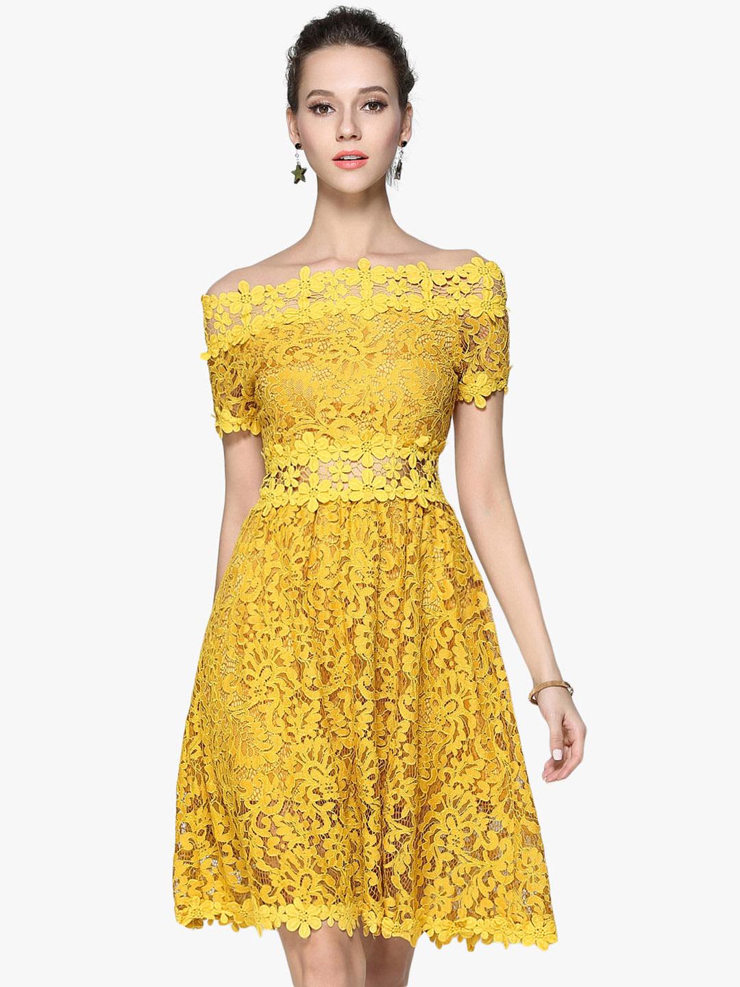 Buy JC Collection Women Mustard Yellow Lace Fit And Flare Dress ...