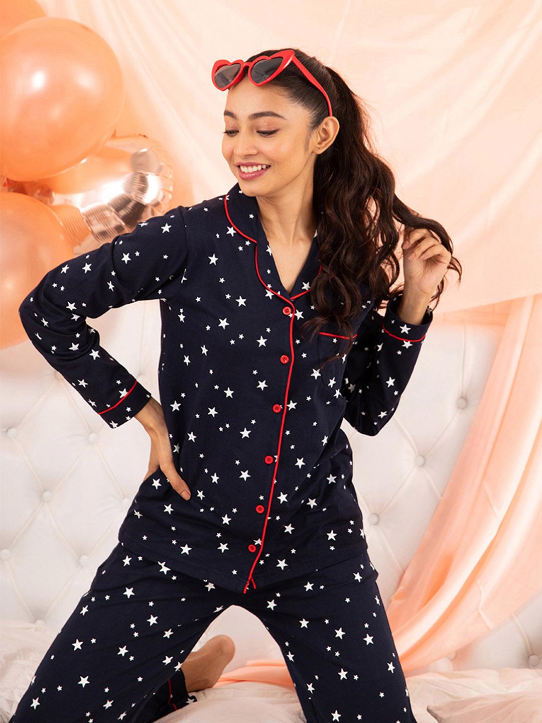 Buy Nite Flite Women Navy Blue & White Printed Night Suit - Night Suits ...