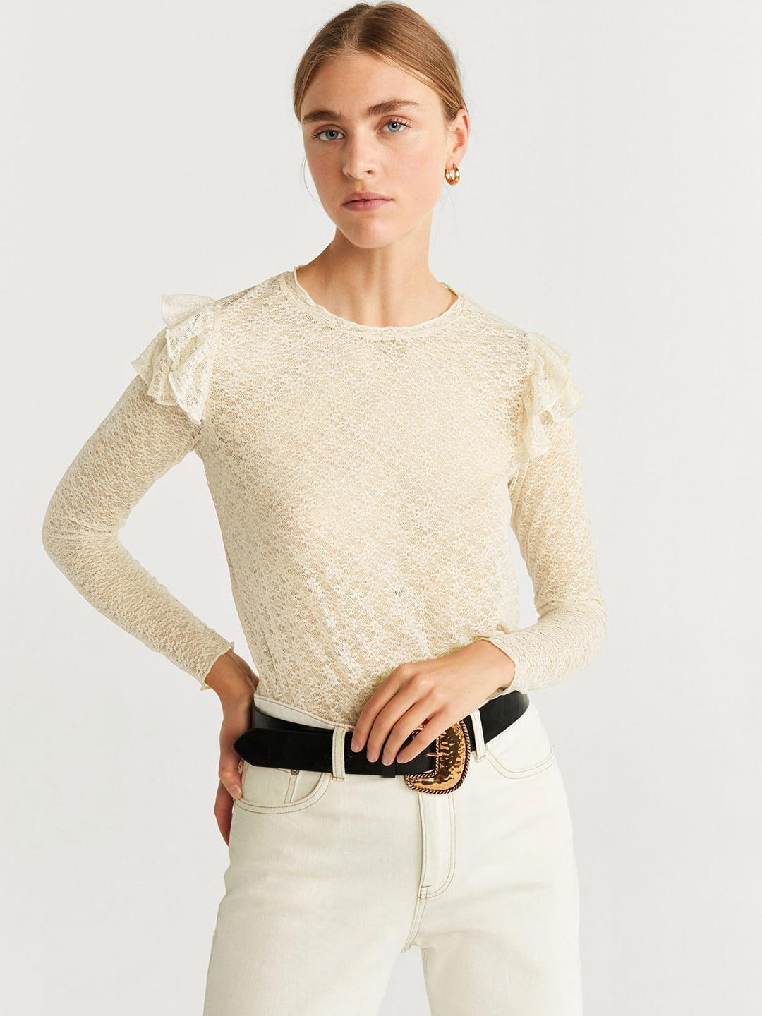 Buy MANGO Women Cream Coloured Self Design Sheer Top - Tops for Women ...