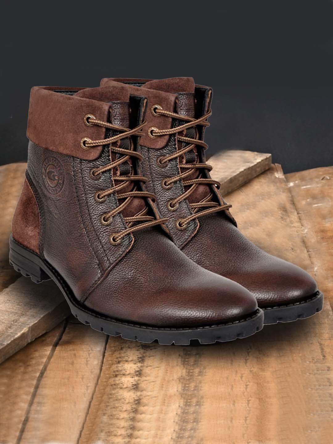 Buy Allen Cooper Men Brown Solid Genuine Leather Mid Top Flat Boots ...