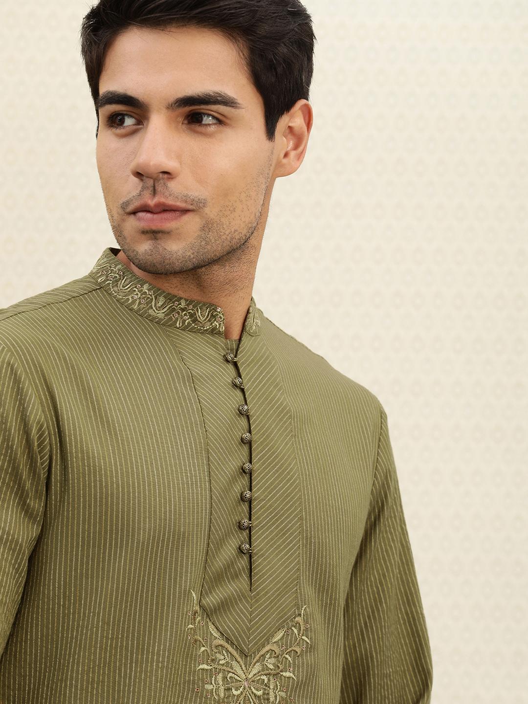 Buy House Of Pataudi Men Olive Green Striped Straight Kurta With ...