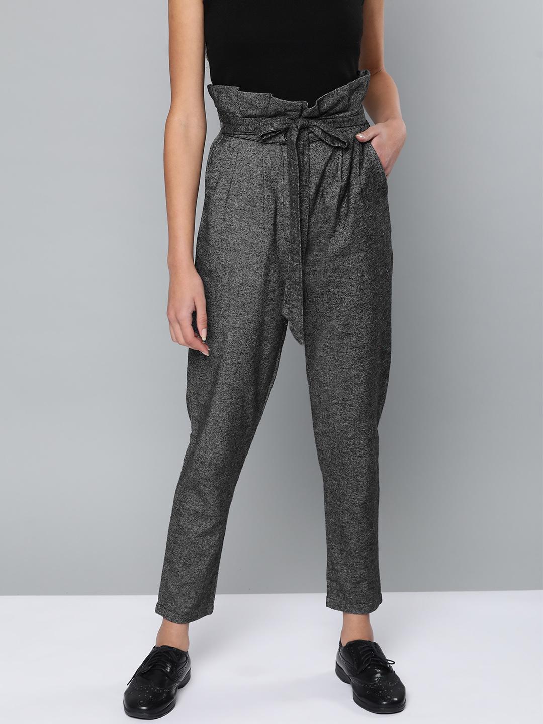 Buy STREET 9 Women Charcoal Grey Slim Fit Solid Regular Trousers ...