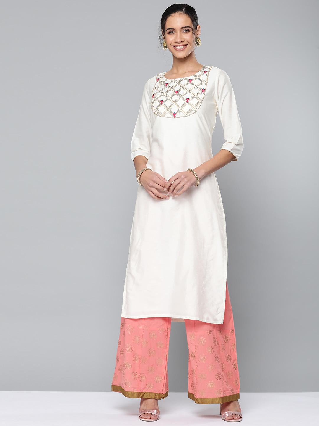 Buy STREET 9 Women Off White & Golden Yoke Design Straight Kurta ...