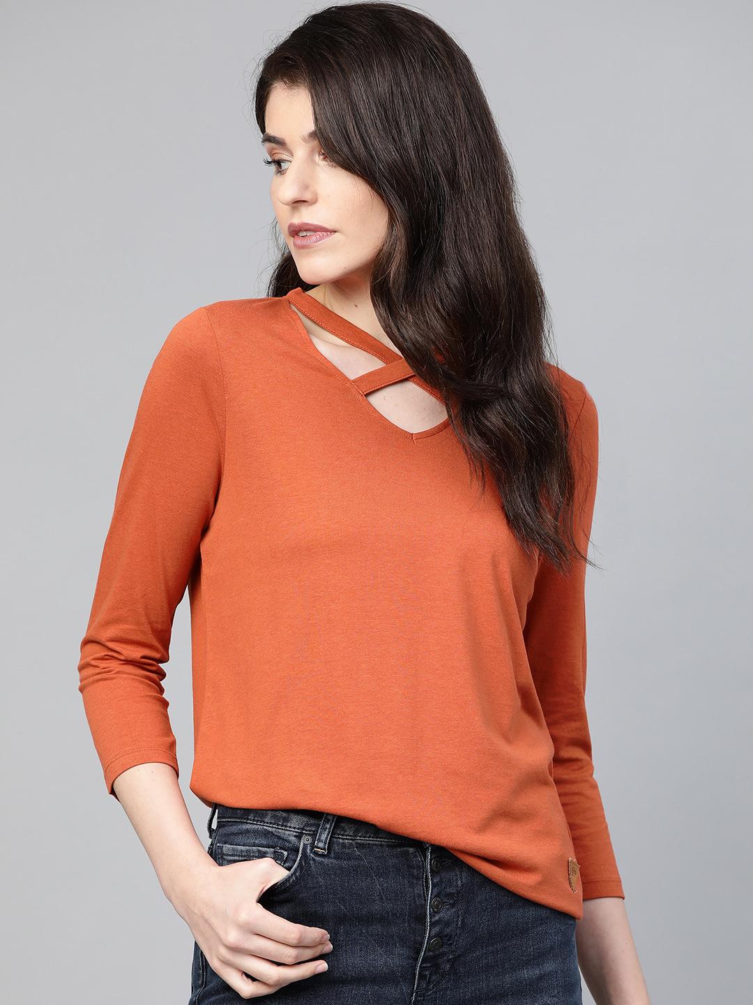 Buy Roadster Rust Orange V Neck Top With Cut Outs - Tops for Women ...