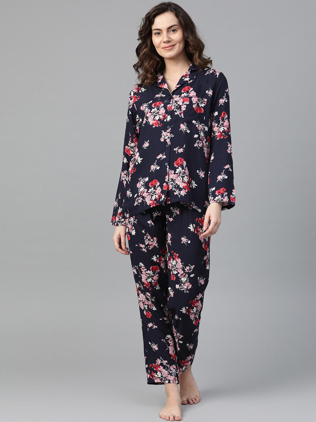 Buy DRAPE IN VOGUE Women Navy Blue & Pink Floral Print Pyjamas Set ...