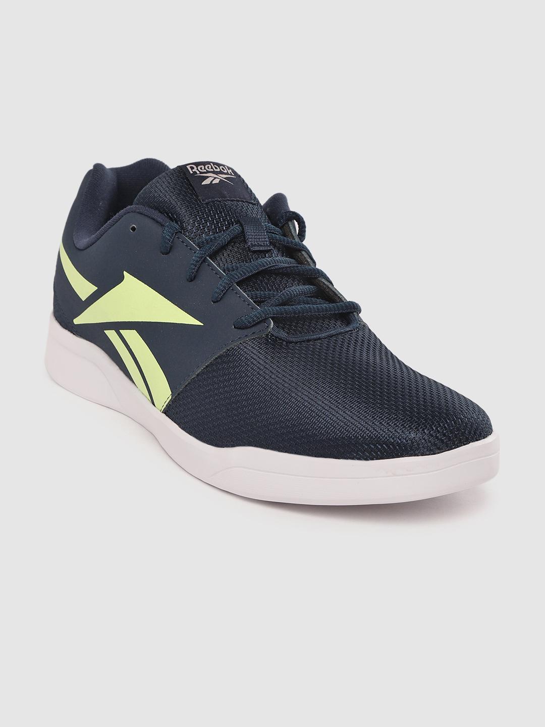 Buy Reebok Men Navy Blue & Lime Green Woven Design Tread Revolution ...